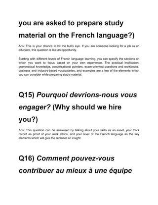 Top 20 French Language Interview Questions and Answers | PDF