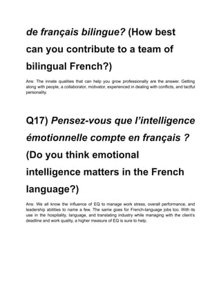 Top 20 French Language Interview Questions and Answers | PDF
