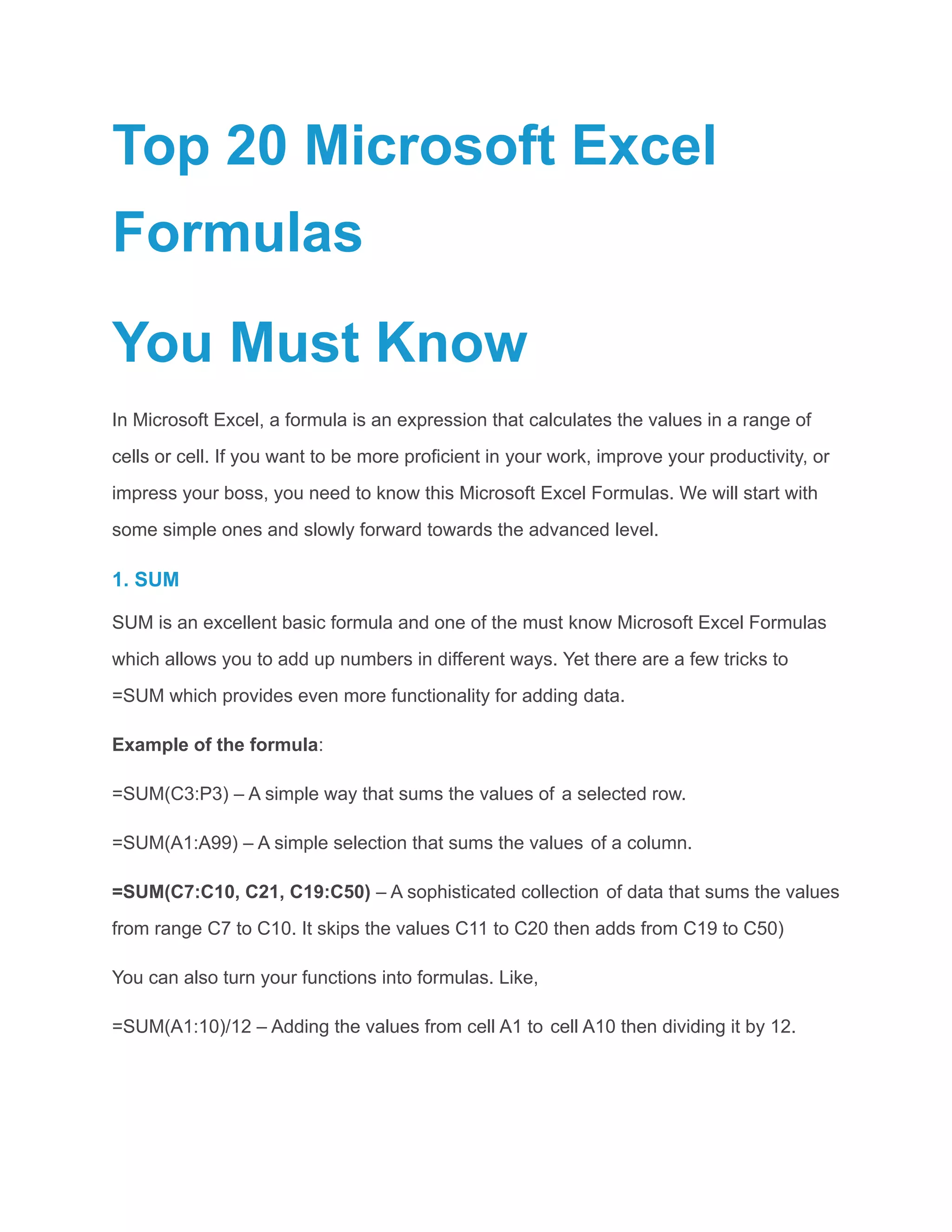 Top 20 microsoft excel formulas you must know | PDF
