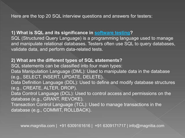 Top 20 Sql Interview Questions And Answers For Testers 2023pptx Databases Computer Software