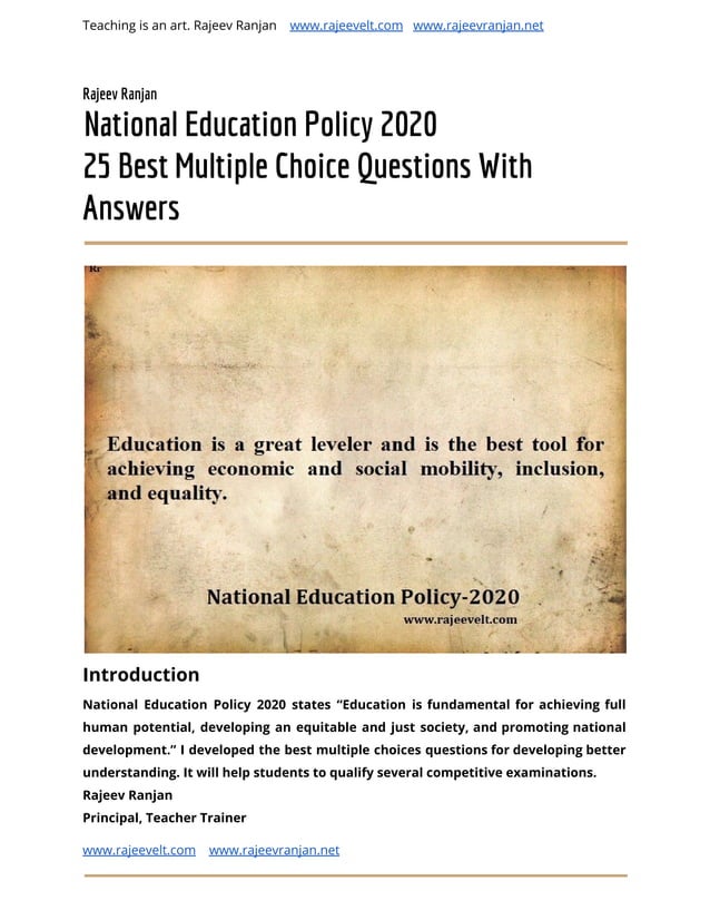 Top 25 Multiple Choices Questions with Answers on National Education ...