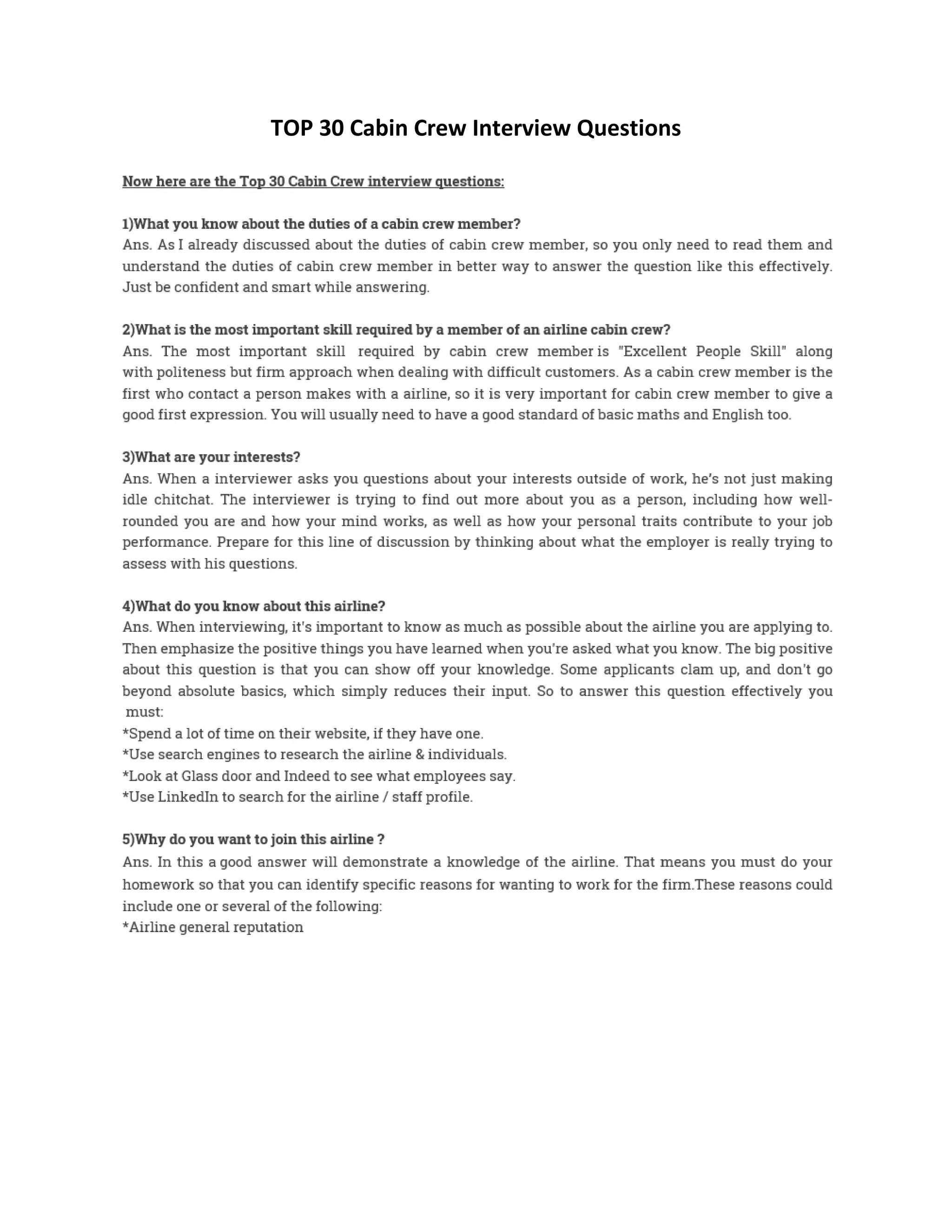 Top 30 cabin crew interview questions | PDF
