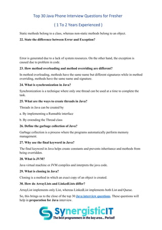 Top 30 Java Phone Interview Questions Answers for Freshers, 1 to 2 Years Experienced.pdf ...