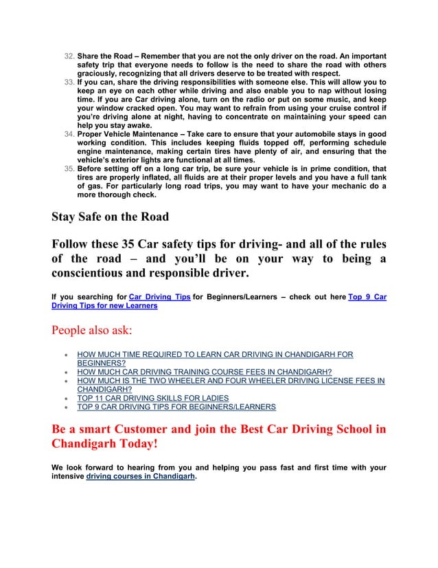 Top 35 car driving safety tips for safe driving | PDF