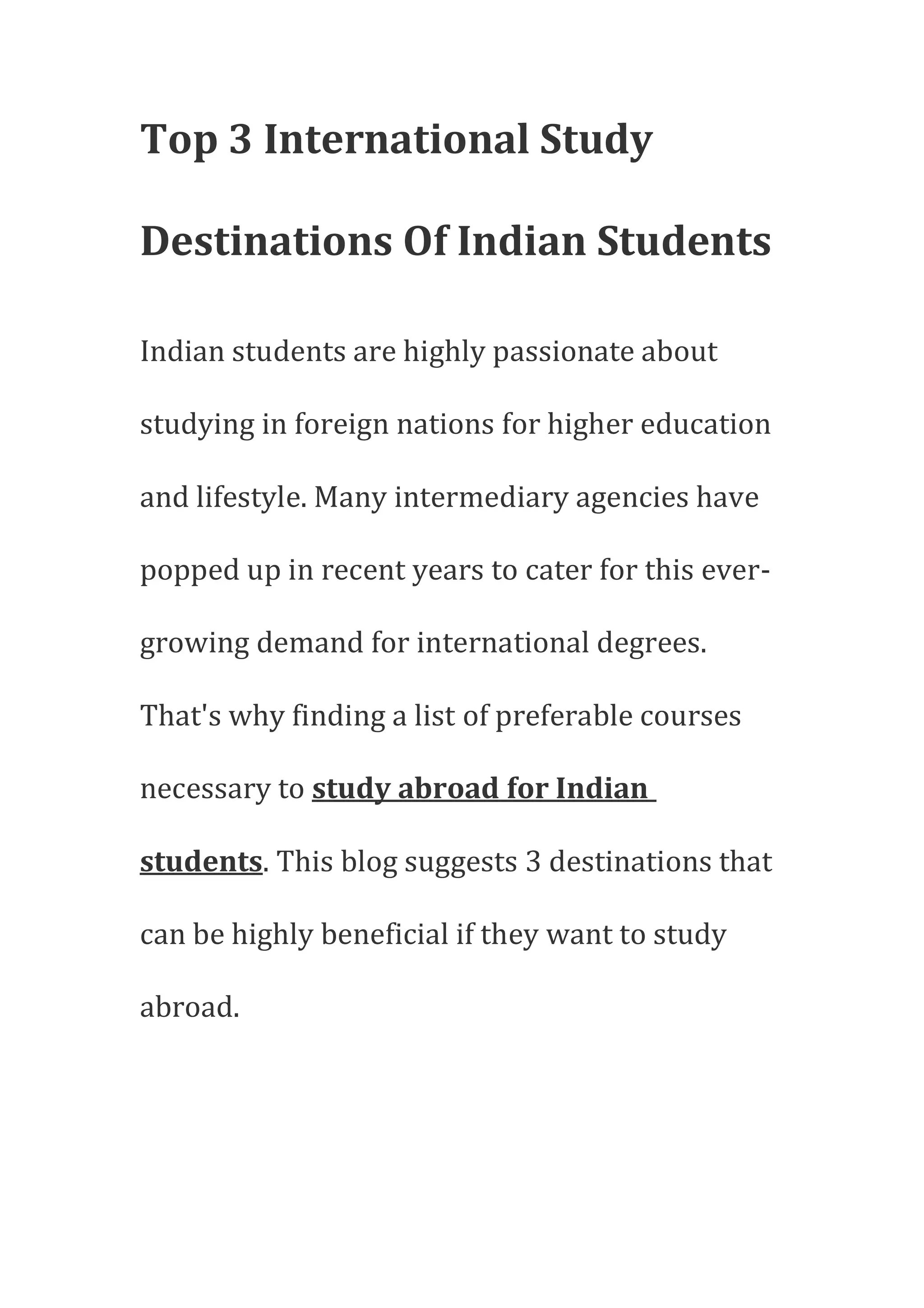Top 3 International Study Destinations Of Indian Students | PDF