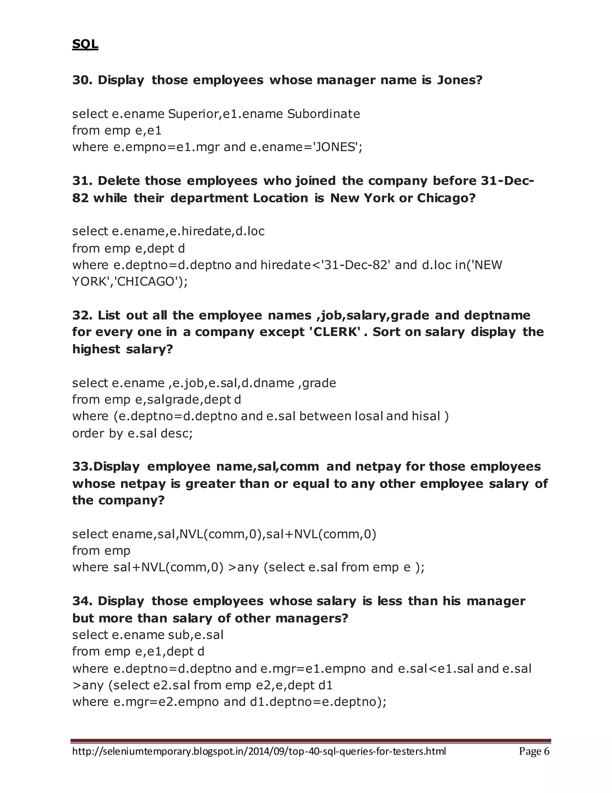 Top 40 sql queries for testers | DOCX