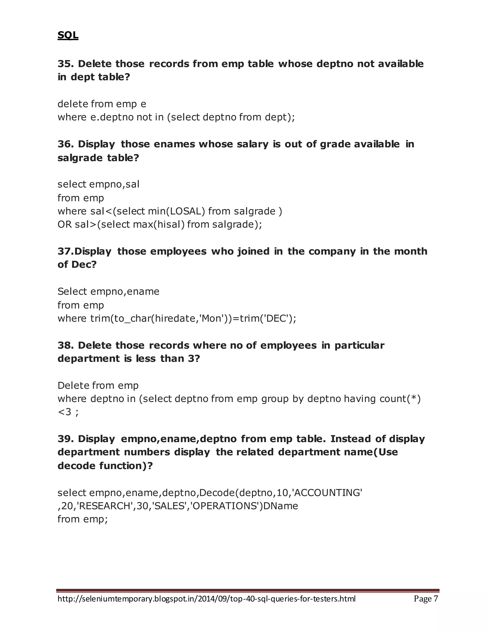 Top 40 sql queries for testers | DOCX