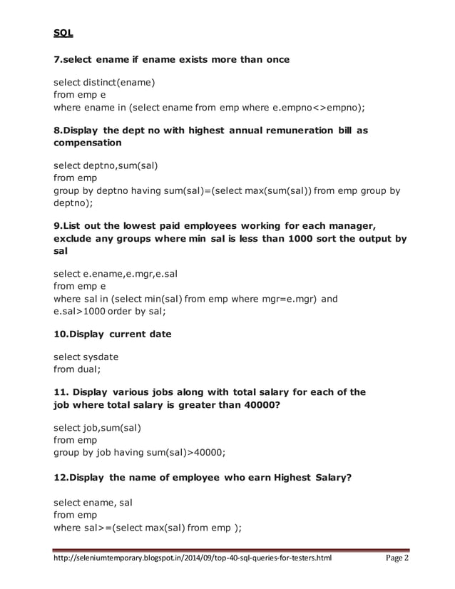 Top 40 sql queries for testers | DOCX