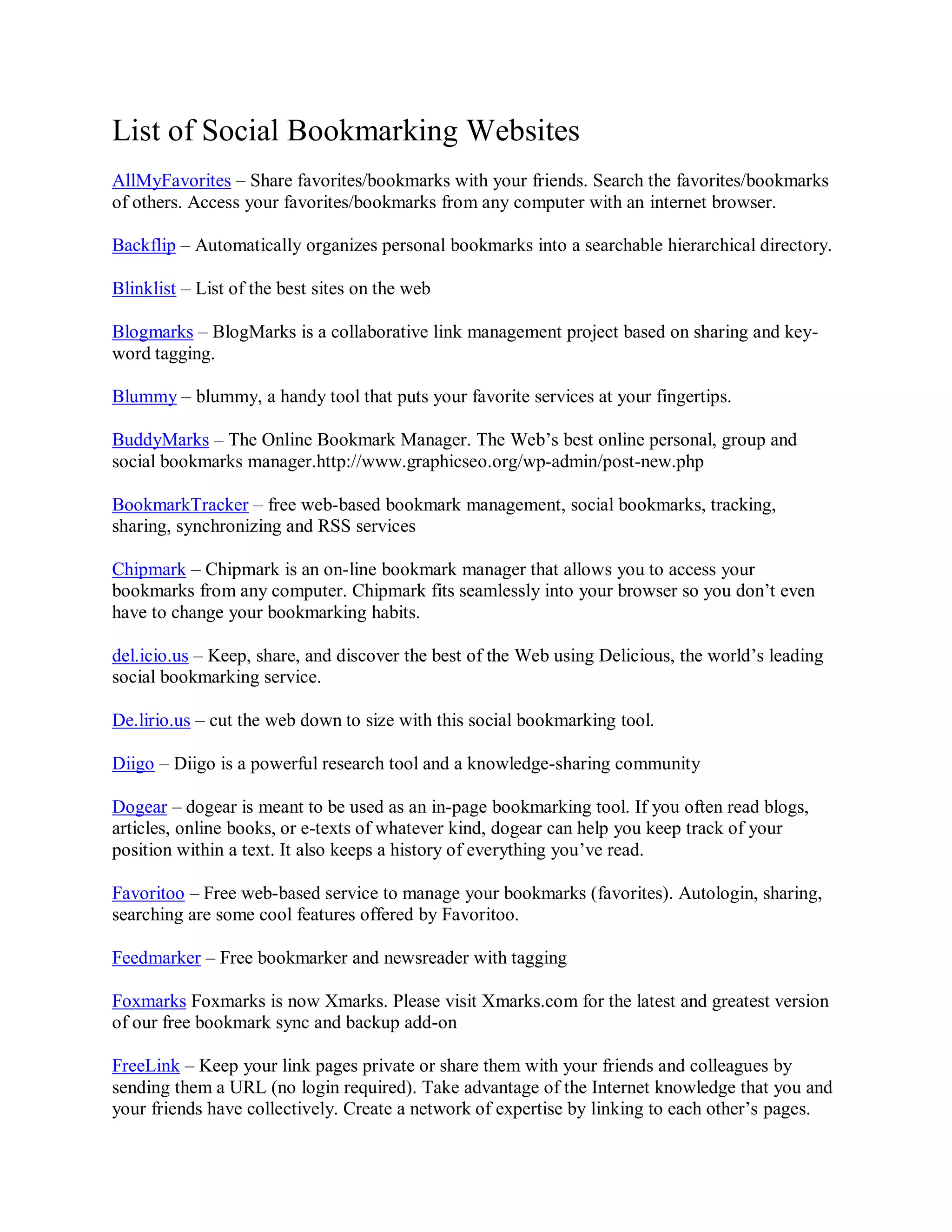 Top 45 Socia Bookmarking Websites | PDF