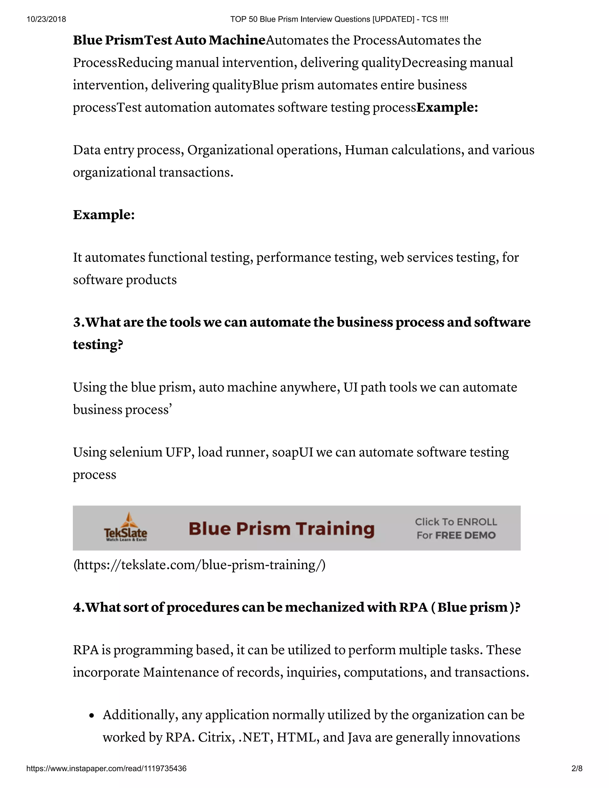 Top 50 blue prism interview questions [updated] tcs !!!! | PDF