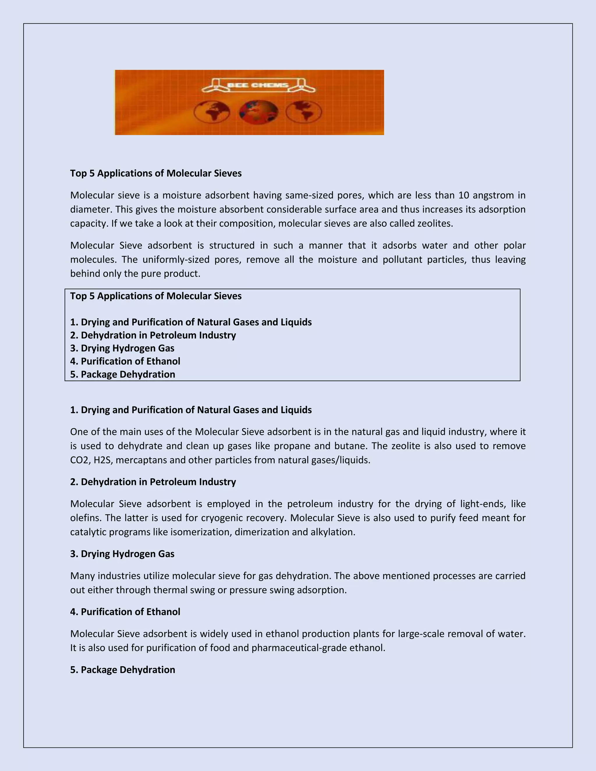 Top 5 applications of molecular sieves | PDF