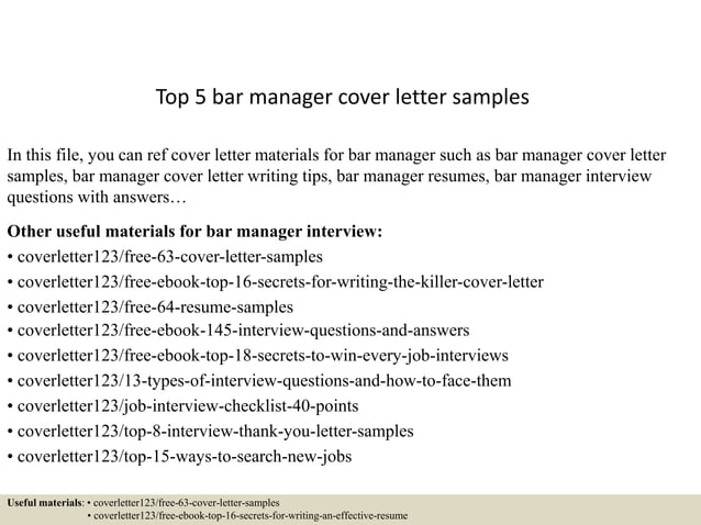 Top 5 bar manager cover letter samples | PPT