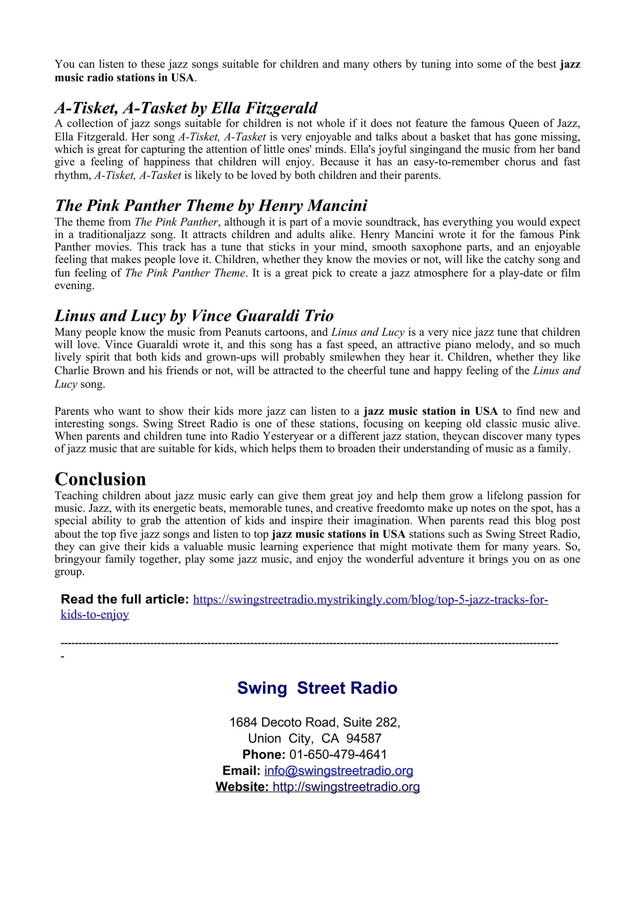 Top 5 Jazz Tracks for Kids to Enjoy- Swing Street Radio | PDF