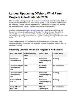 Largest Upcoming Offshore Wind Farm Projects in Netherlands 2026 | PDF