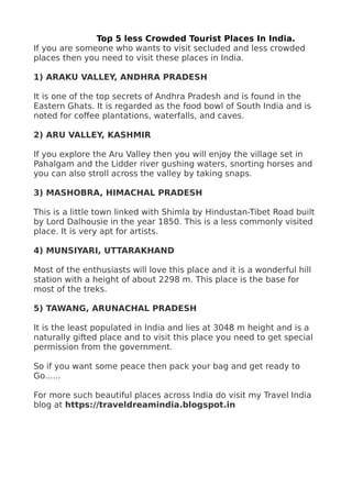 Top 5 less crowded tourist places in india. | PDF