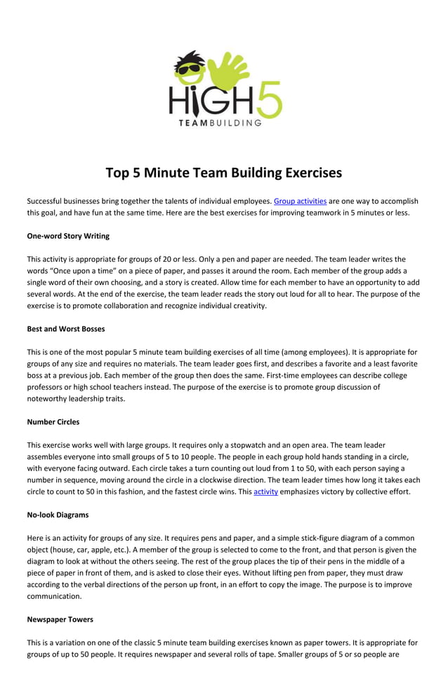 Top 5 minute team building exercises | DOCX | Fitness and Exercise ...
