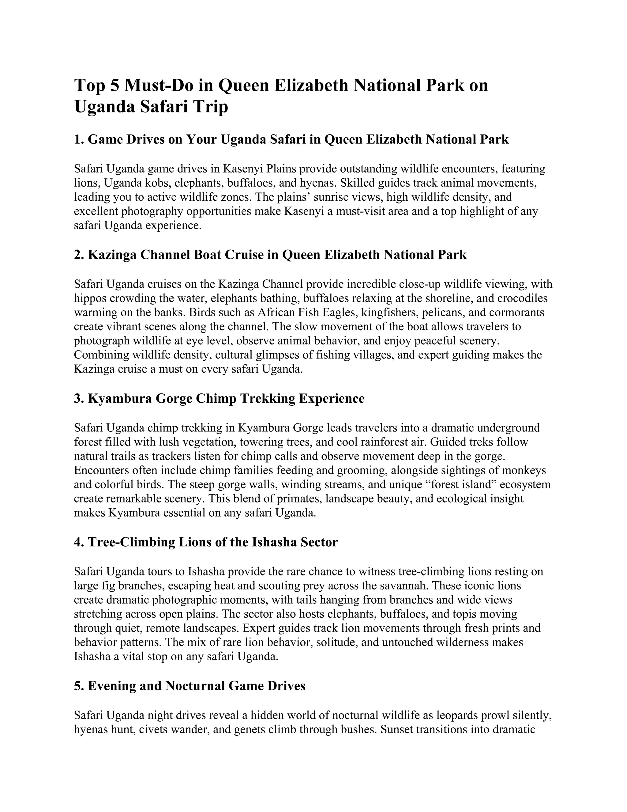 Top 5 Must-Do in Queen Elizabeth National Park on Uganda Safari Trip | DOCX