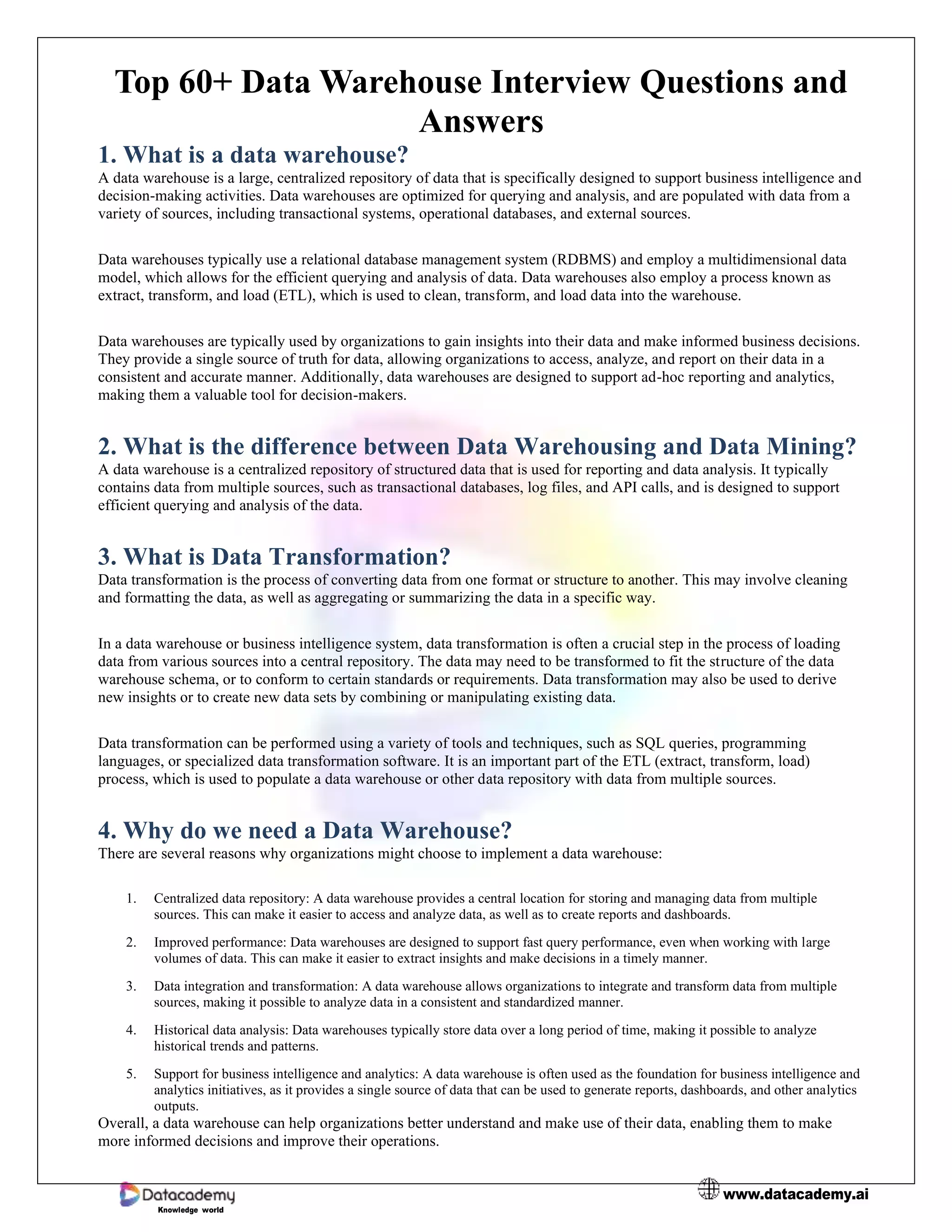 Top 60+ Data Warehouse Interview Questions and Answers.pdf