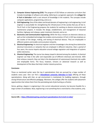 Top 6 Specializations for B. Tech. in India | PDF