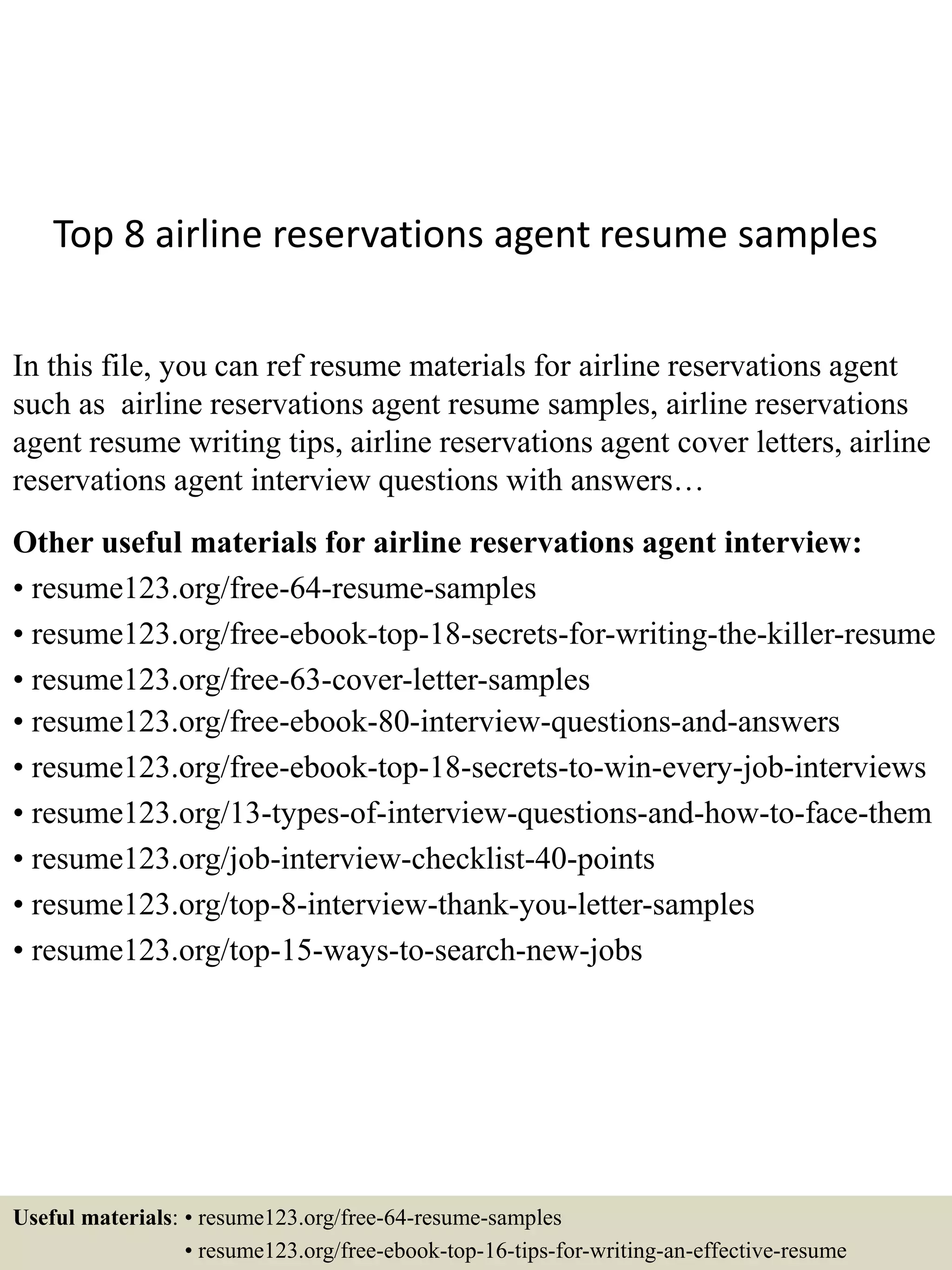Top 8 airline reservations agent resume samples | PDF