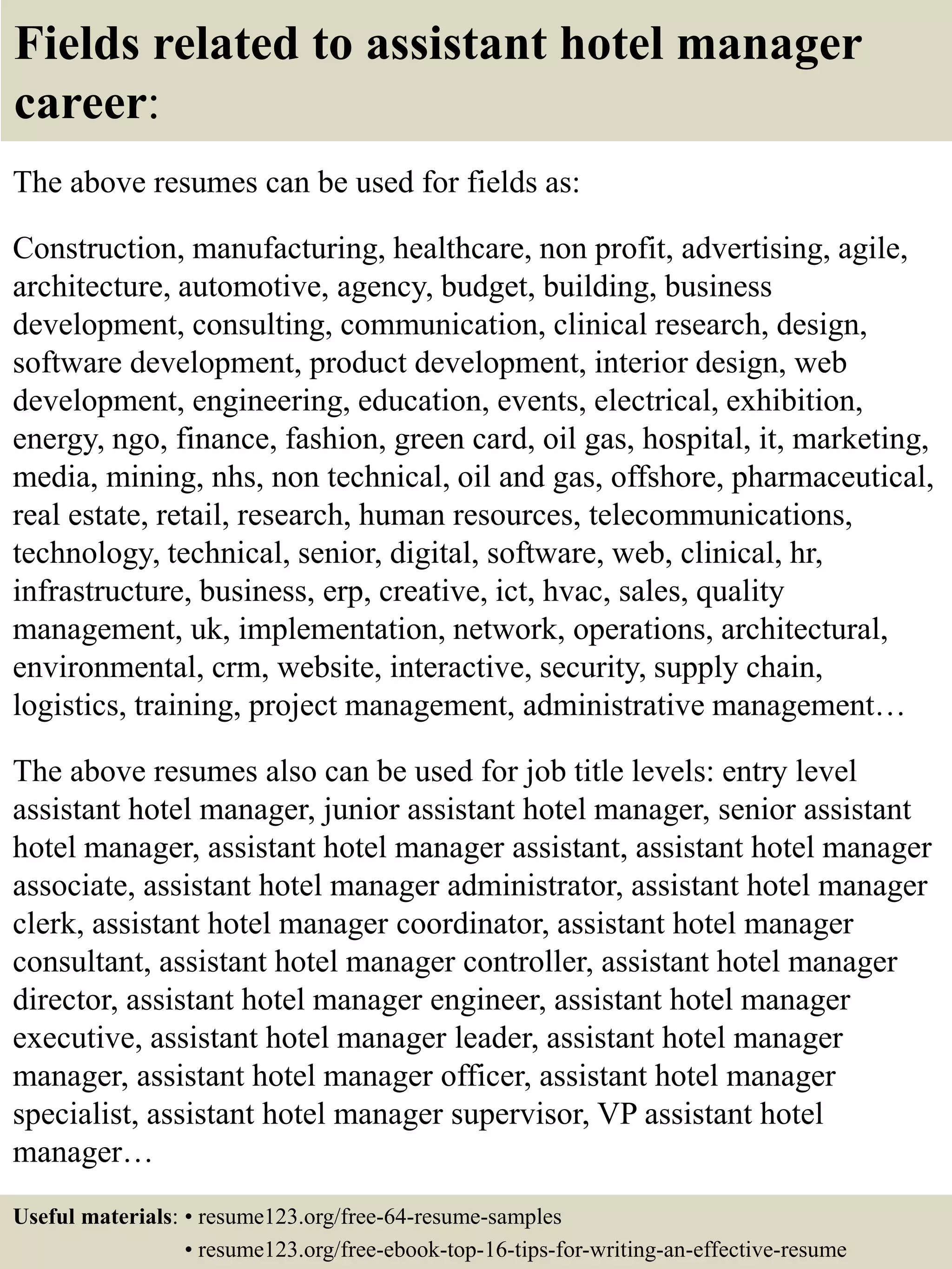 Top 8 assistant hotel manager resume samples | PPTX