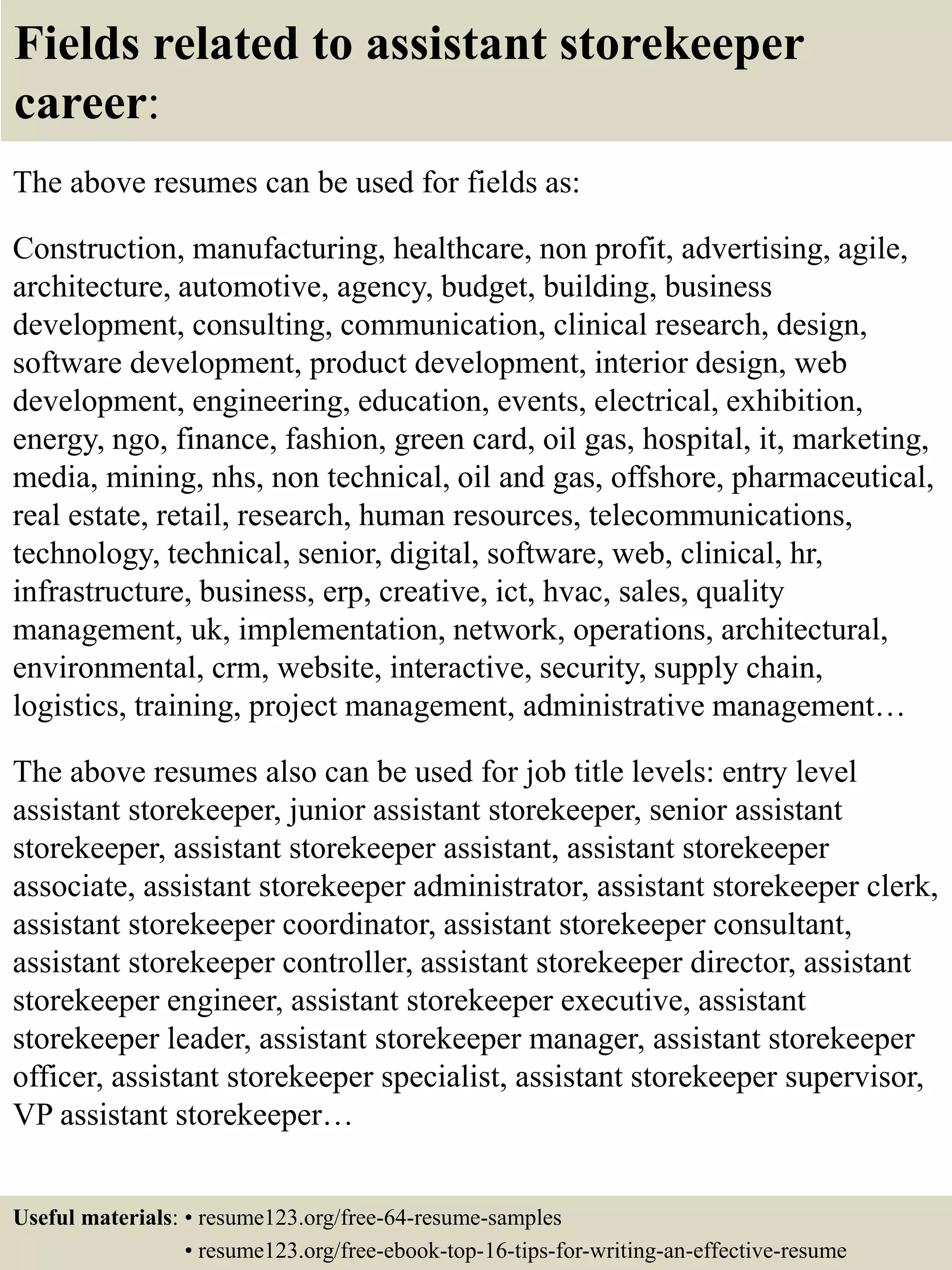 Top 8 assistant storekeeper resume samples | PDF