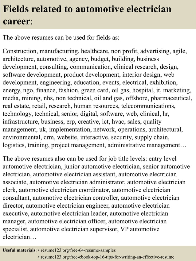 Top 8 automotive electrician resume samples | PDF