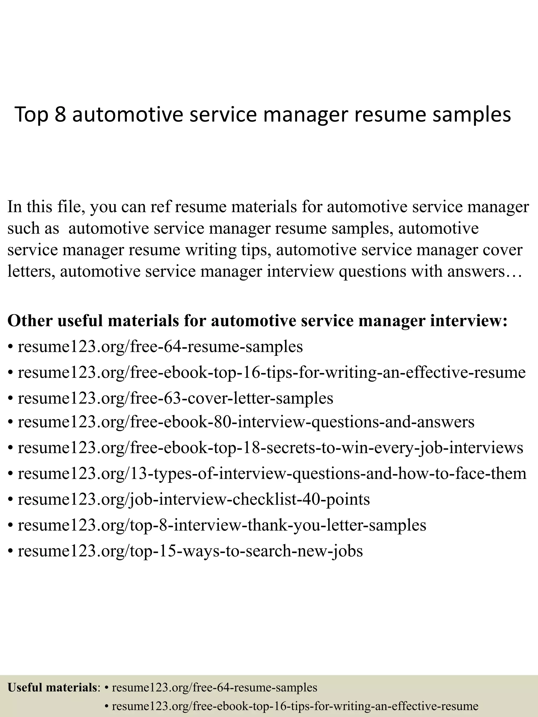 Top 8 automotive service manager resume samples | PPTX