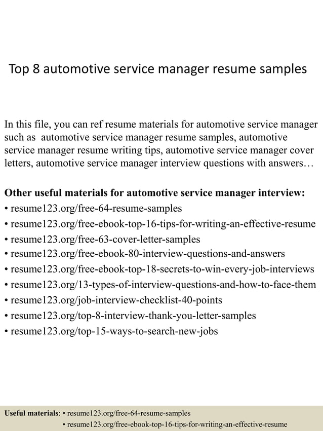 Top 8 automotive service manager resume samples | PPTX