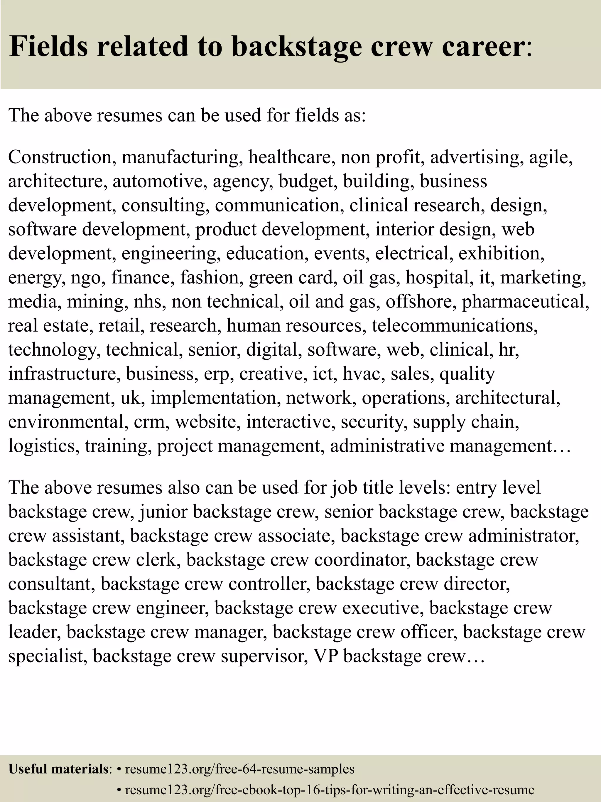 Top 8 backstage crew resume samples | PPTX