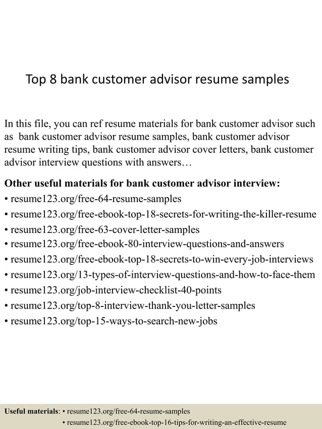 Top 8 bank customer advisor resume samples | PDF