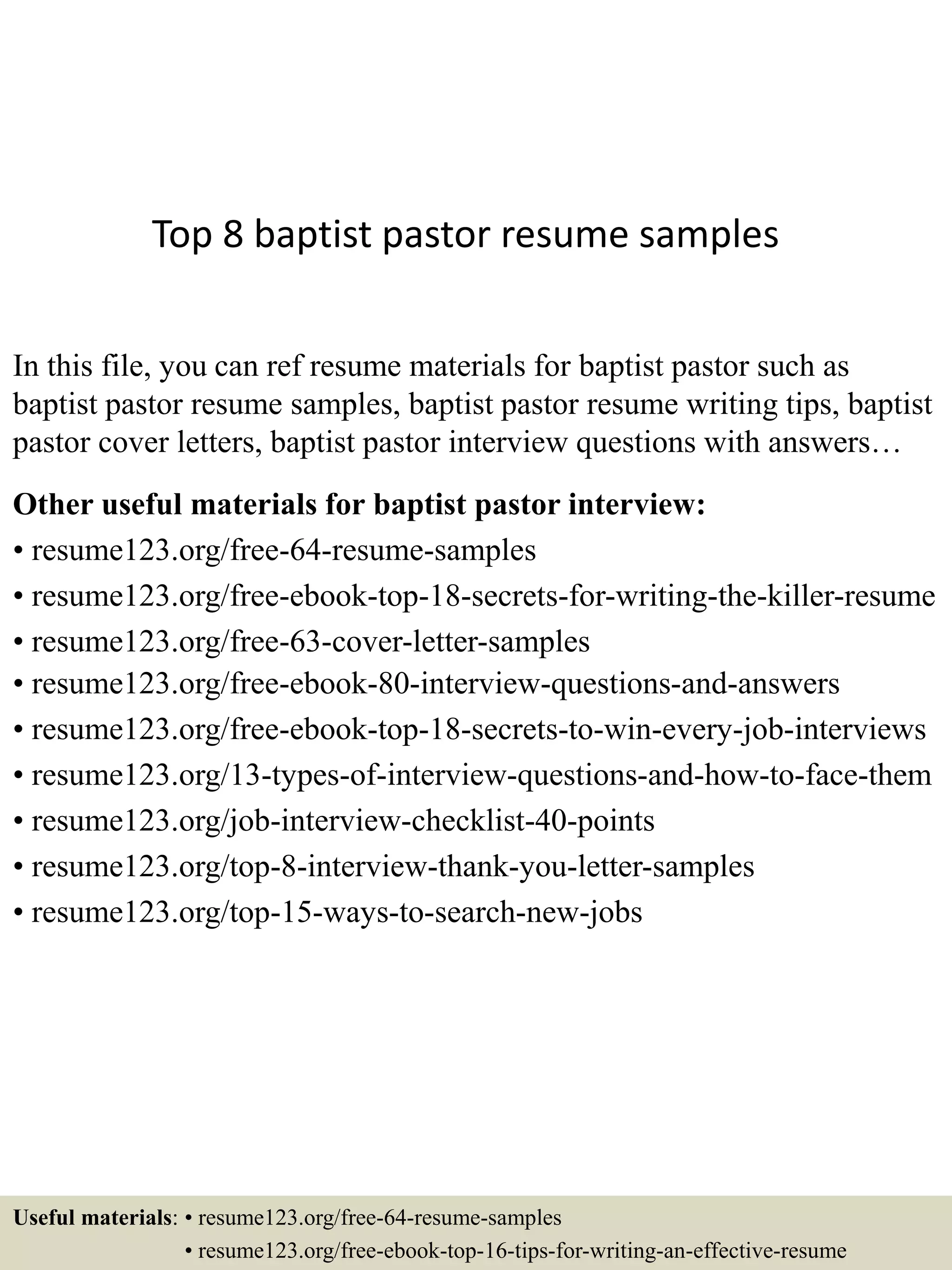 Top 8 baptist pastor resume samples | PPTX