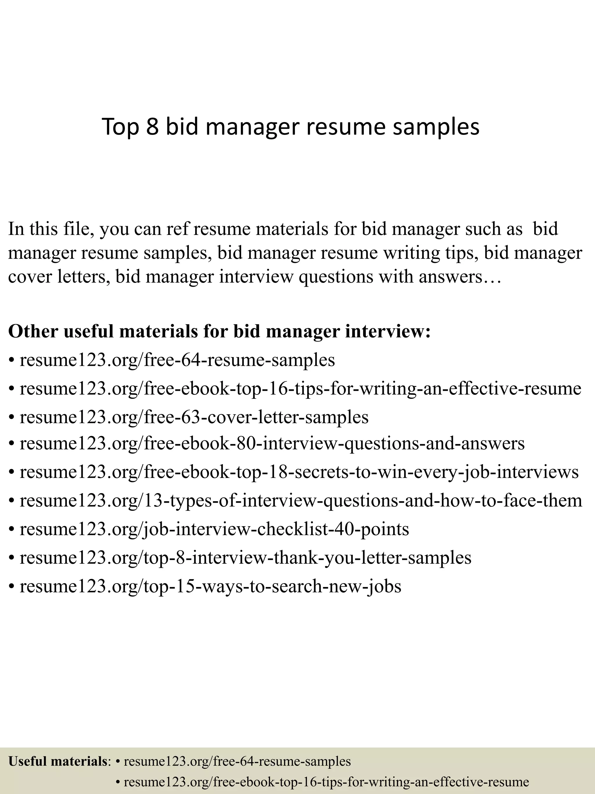 Top 8 bid manager resume samples | PPTX