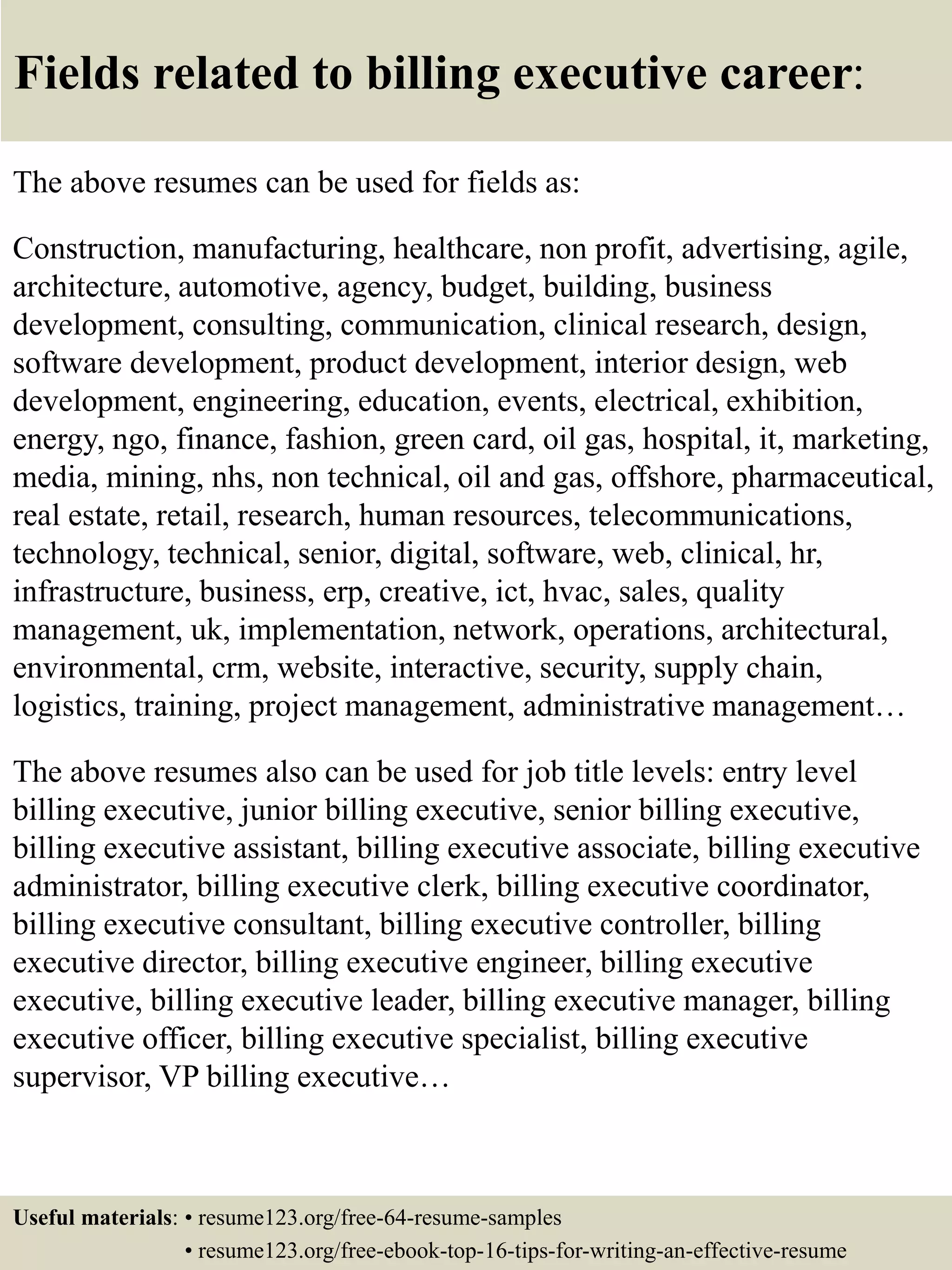 Top 8 billing executive resume samples | PPTX