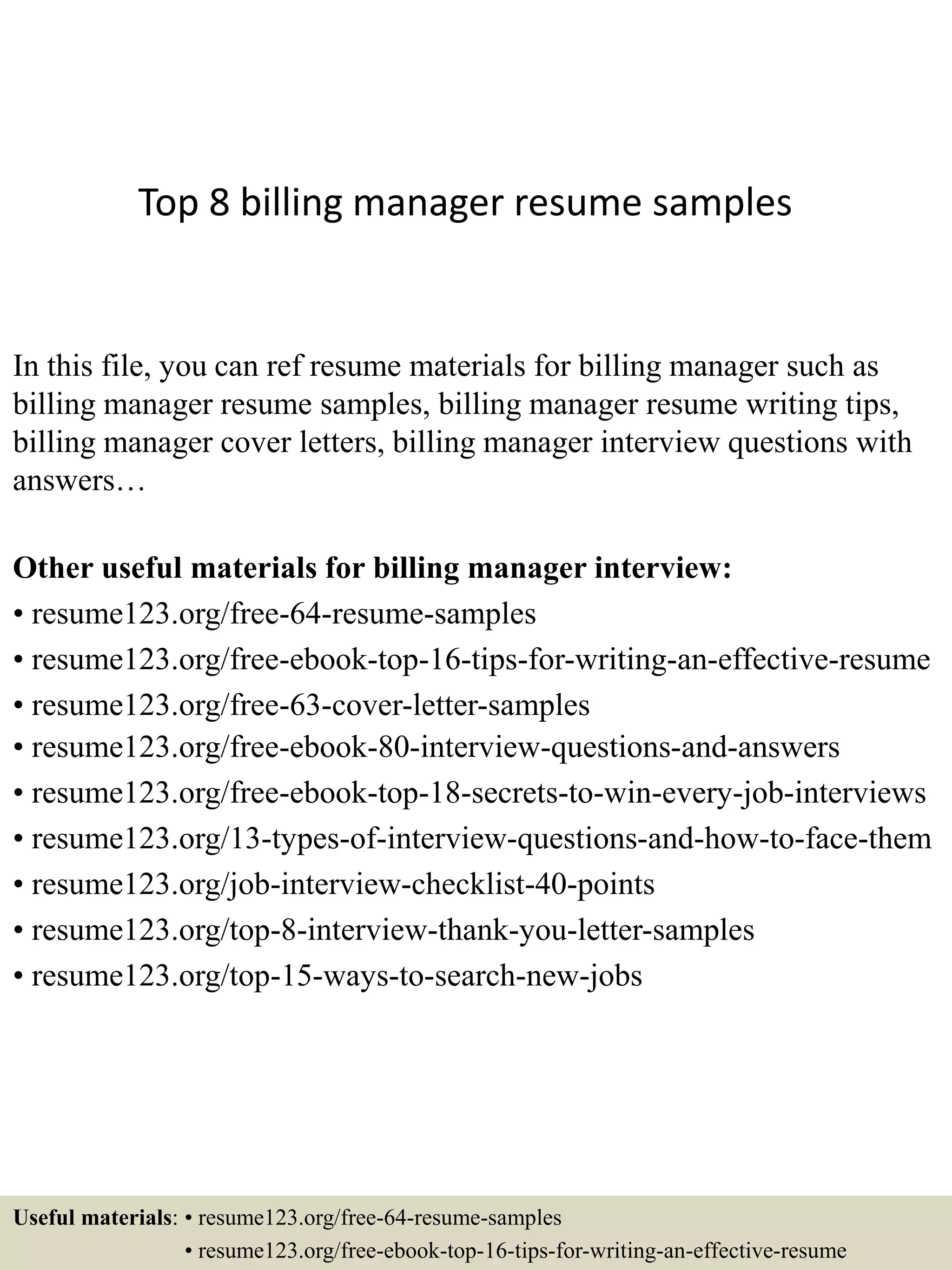 Top 8 billing manager resume samples | PPTX
