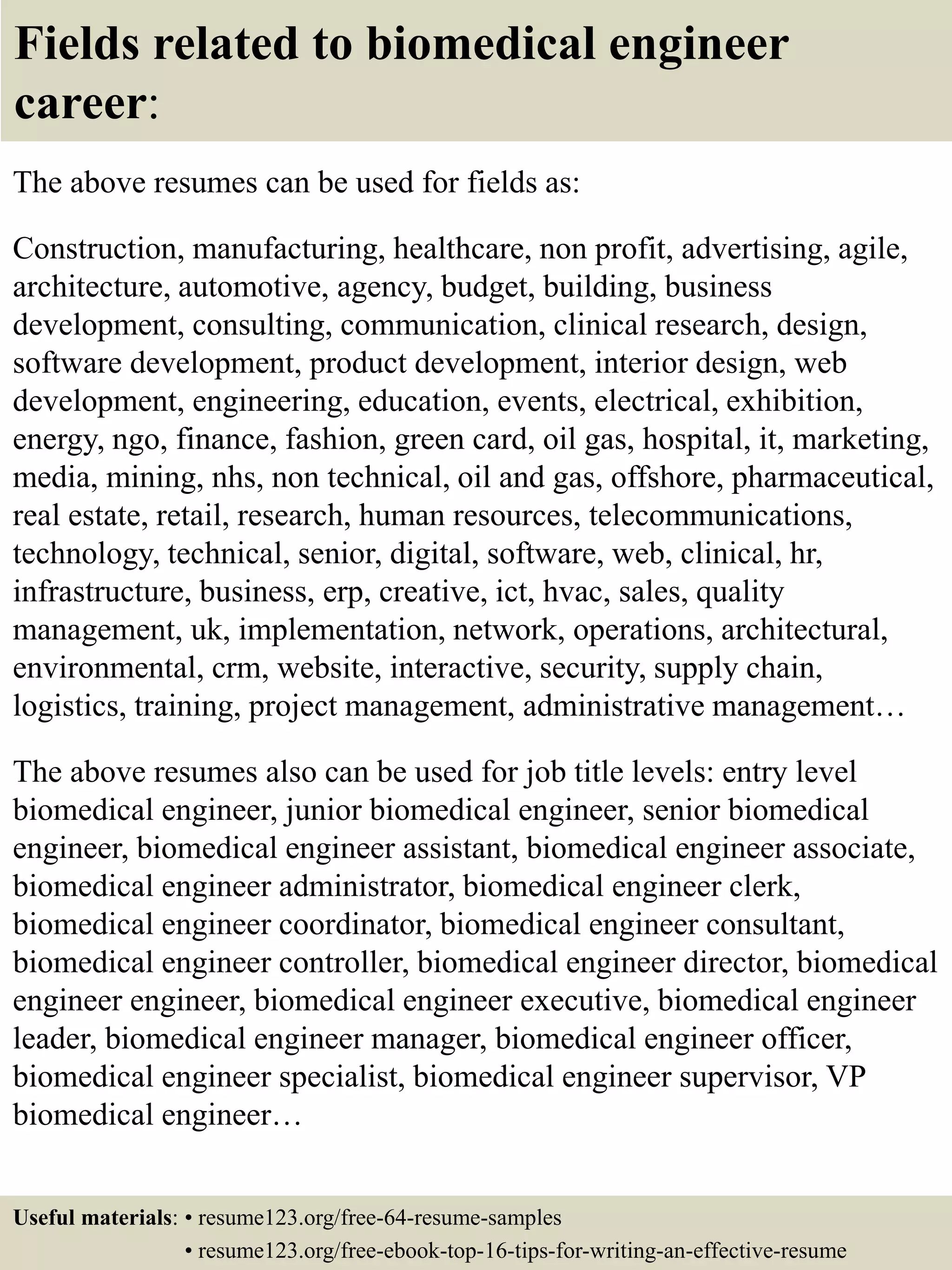 Top 8 biomedical engineer resume samples | PPTX