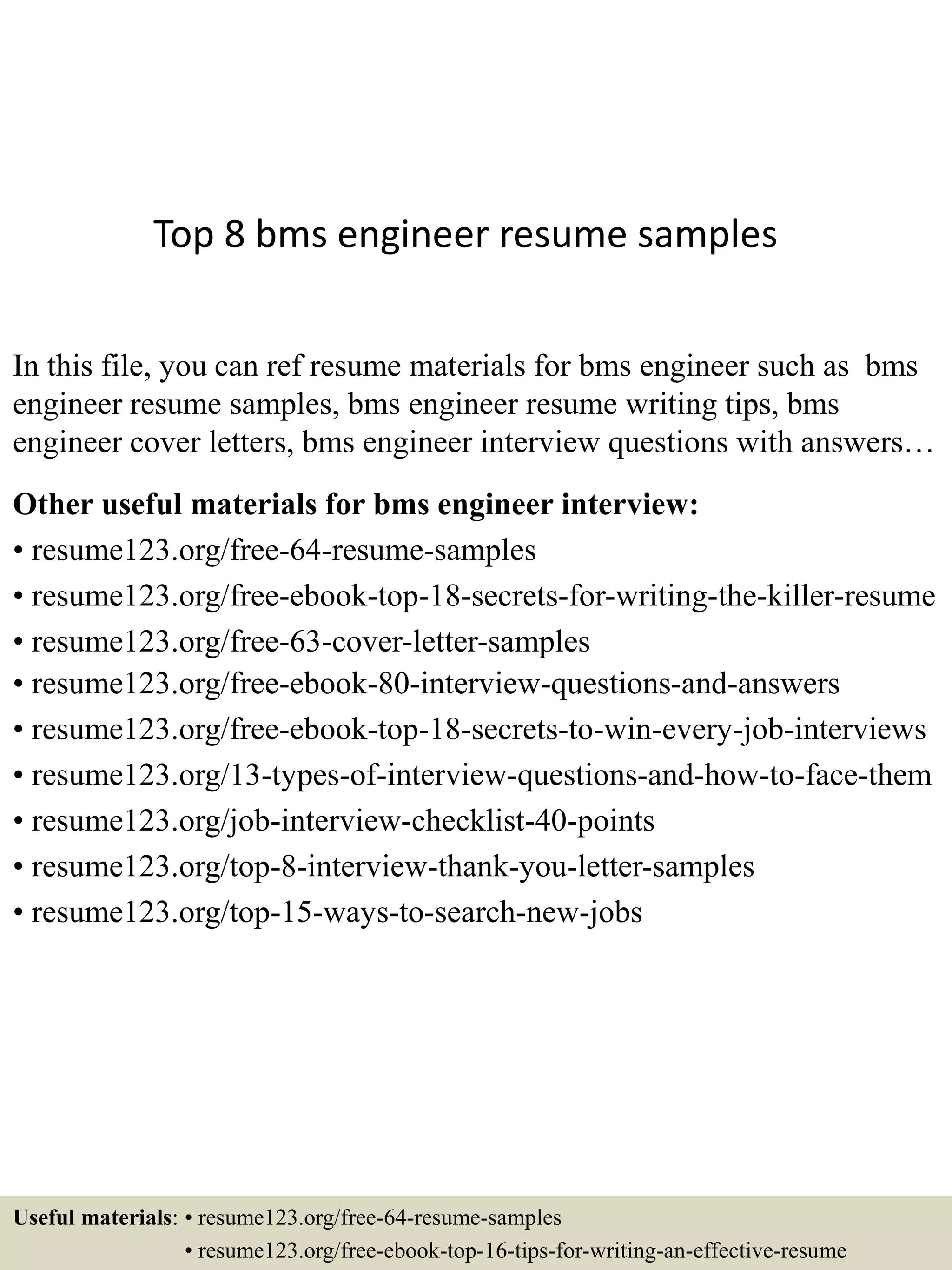 Top 8 bms engineer resume samples | PPTX