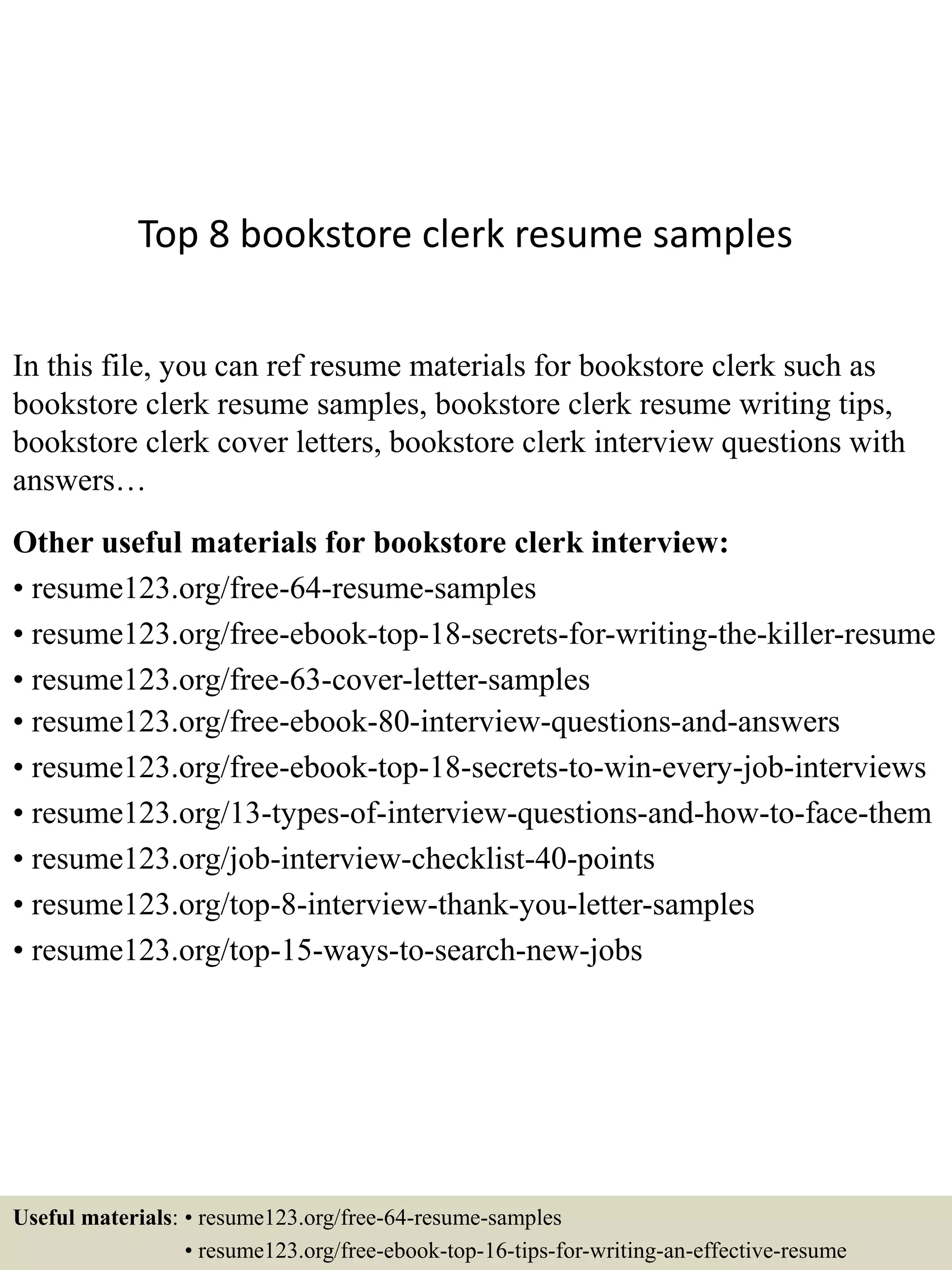 Top 8 bookstore clerk resume samples | PPTX