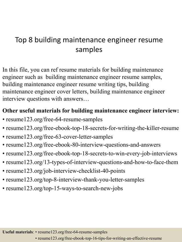 Top 8 building maintenance engineer resume samples | PPTX | Resume ...