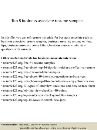 Top 8 business associate resume samples | PDF