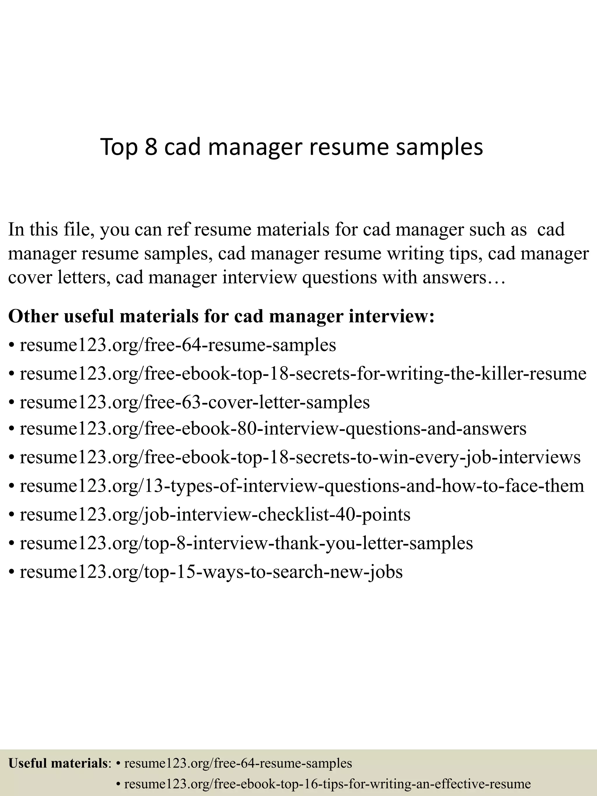 Top 8 cad manager resume samples | PPTX