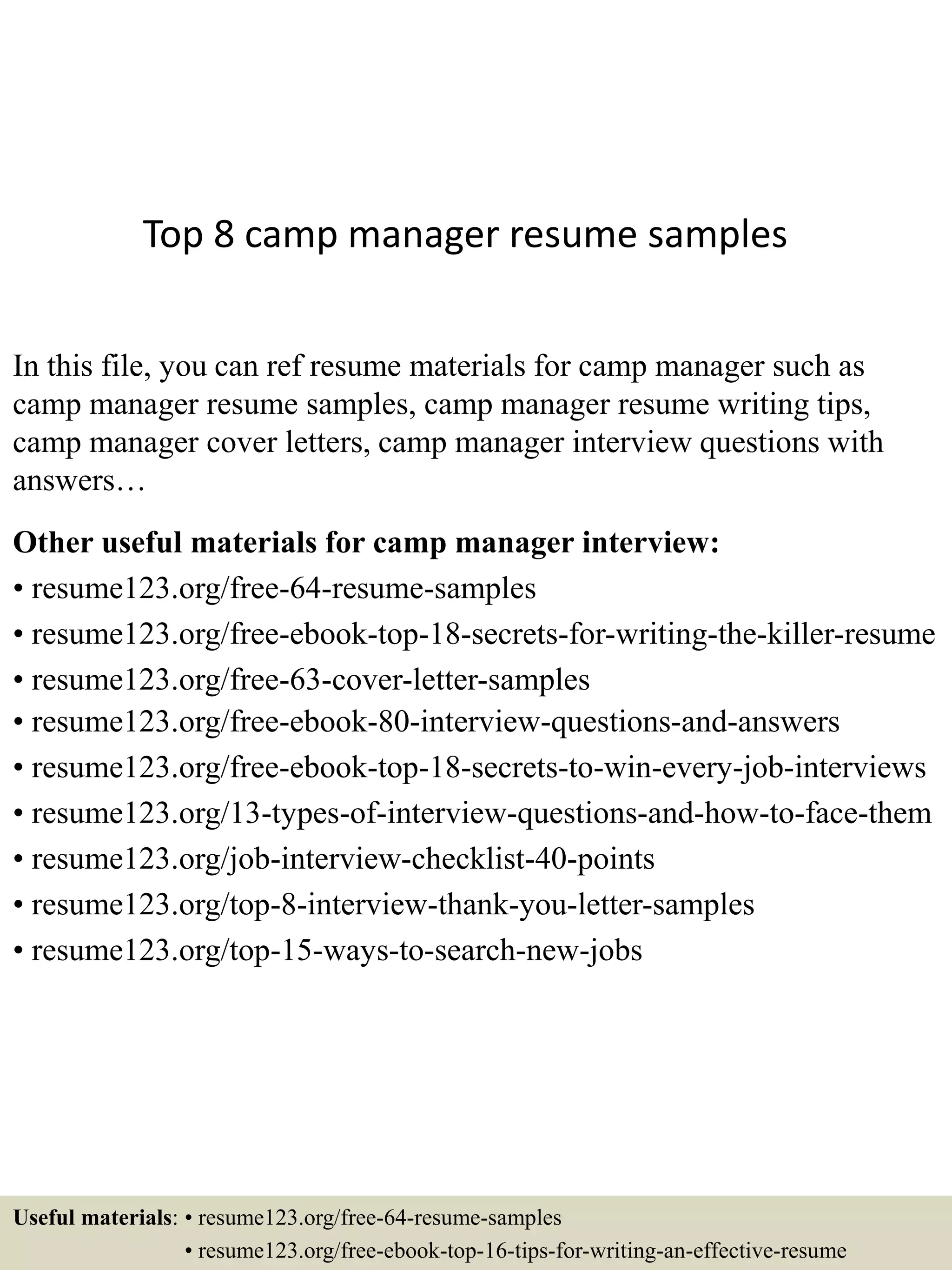 Top 8 camp manager resume samples | PDF