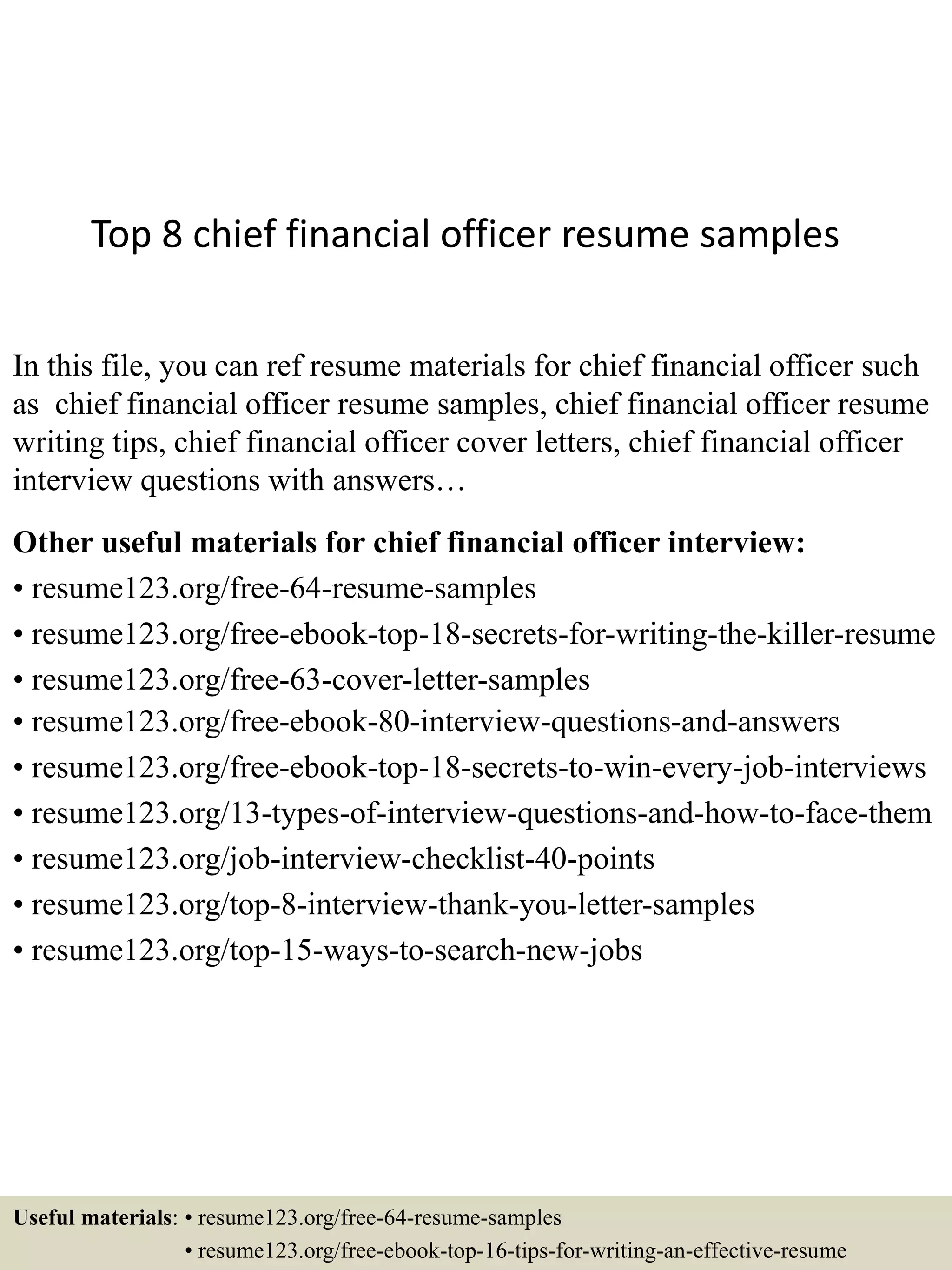 Top 8 chief financial officer resume samples | PPTX | Resume Writing and Advice | Job Search