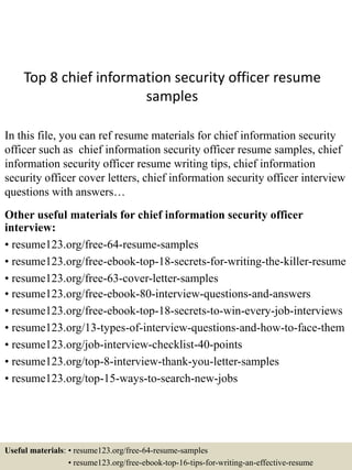 Top 8 chief information security officer resume samples | PPTX