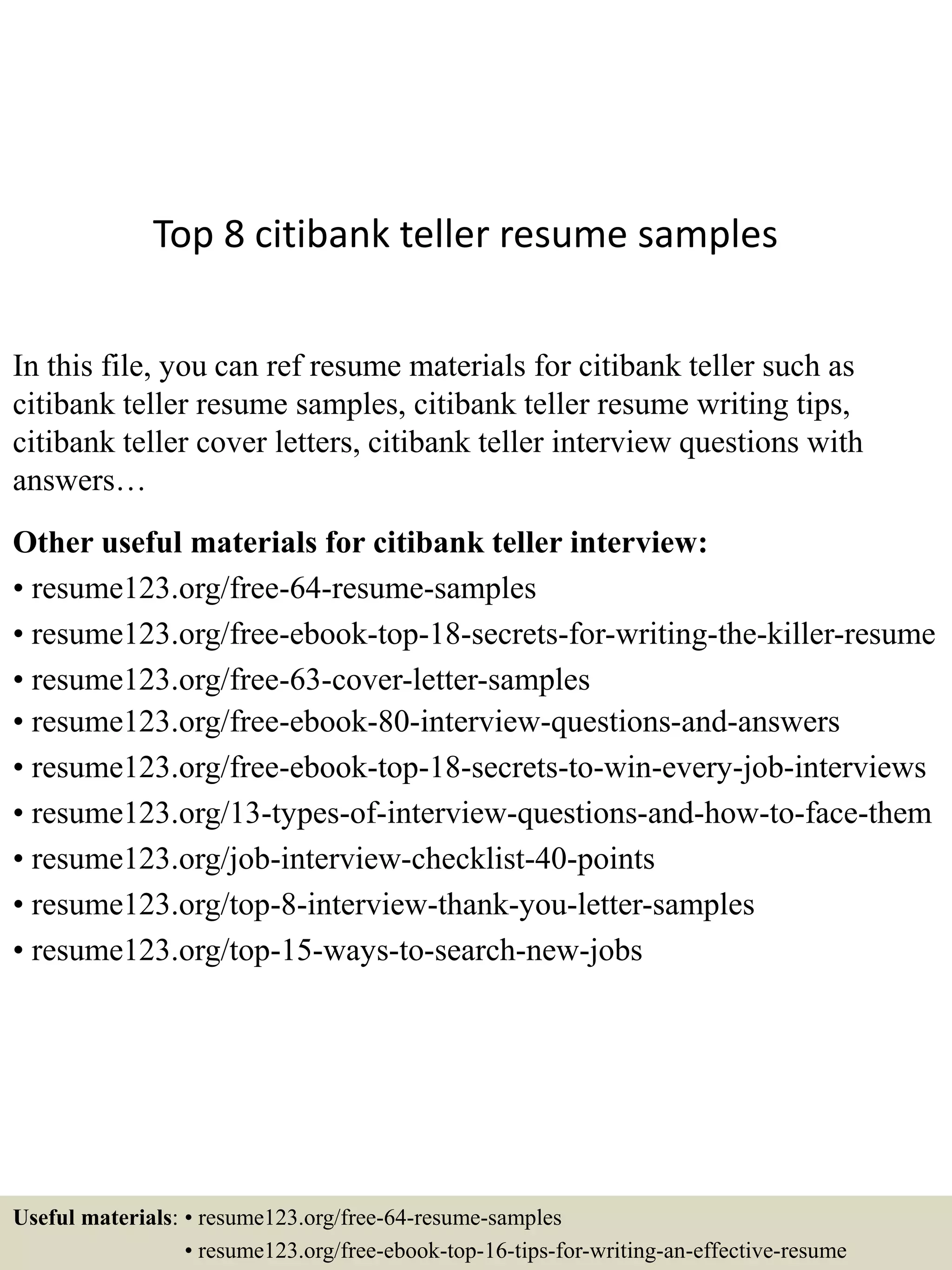 Top 8 citibank teller resume samples | PPTX