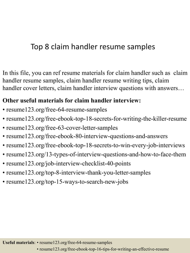 Top 8 claim handler resume samples | PDF