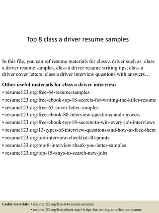 Top 8 class a driver resume samples | PPTX | Resume Writing and Advice ...