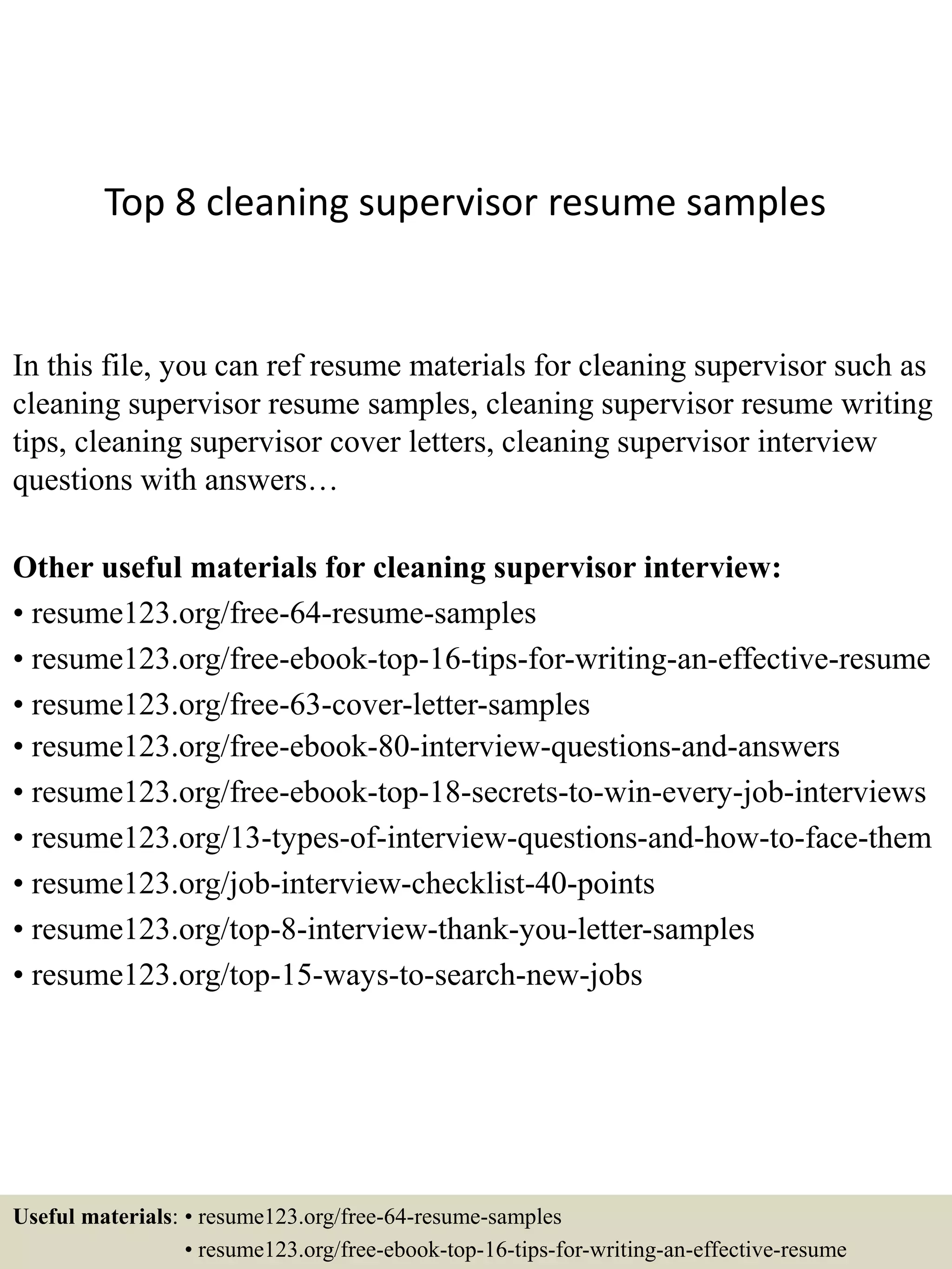 Top 8 cleaning supervisor resume samples | PDF