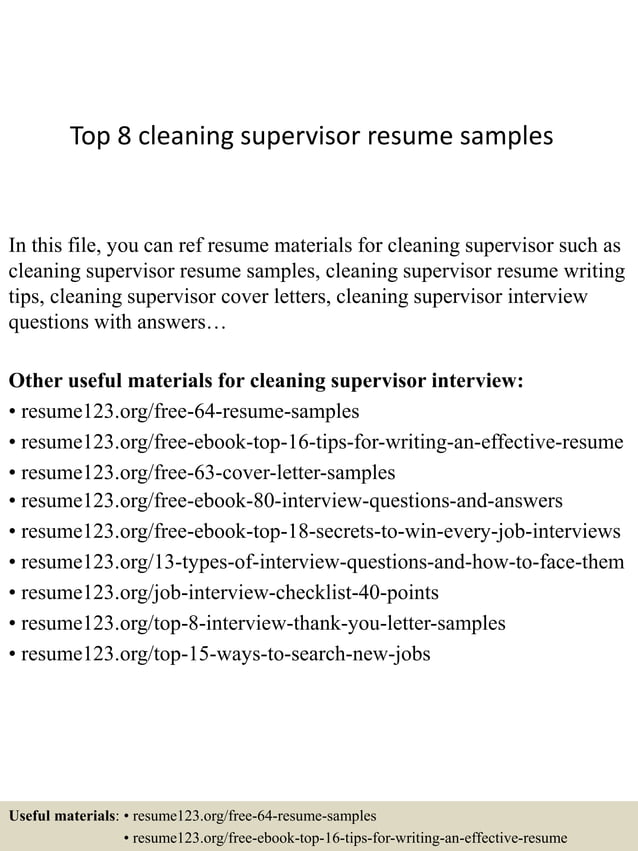 Top 8 cleaning supervisor resume samples | PPTX