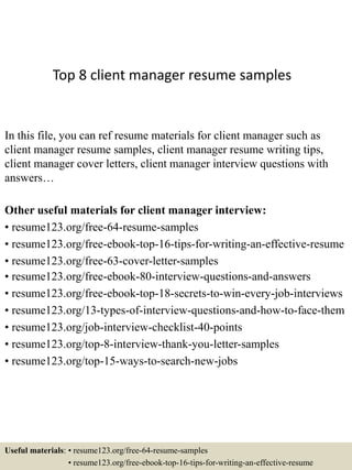 Top 8 client manager resume samples | PDF